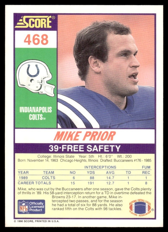1990 Score Mike Prior Indianapolis Colts #468 | eBay