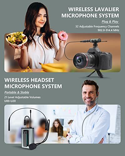 Wireless Microphone System Headset/Stand/Lavalier Mic with Rechargeable ...