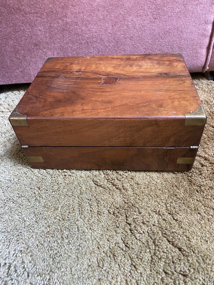 Antique Wooden Writing Box with Original Ink Bottles And Brass Details ...