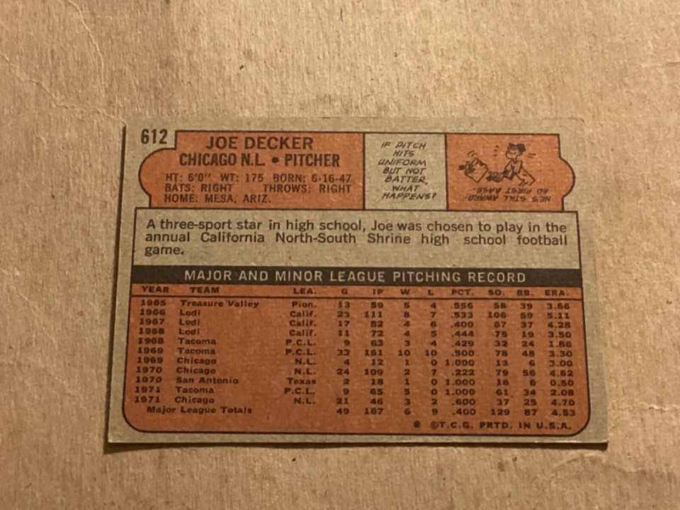 1972 Topps Baseball High Number Joe Decker Chicago Cubs #612 - EX+ ...