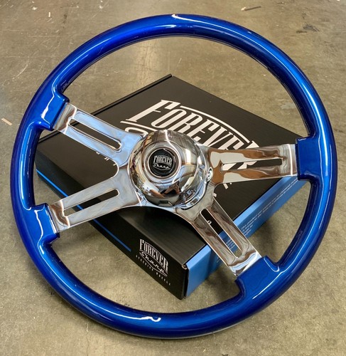 18" Chrome Metallic Blue Spokes Wood Grip 3 Hole Horn + Hub KENWORTH ...
