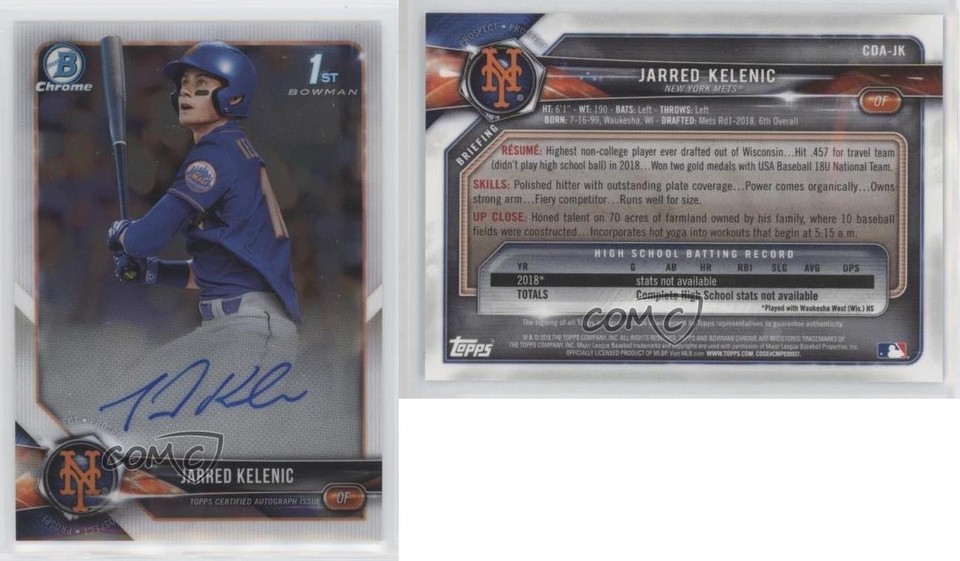 2018 Bowman Draft Chrome Draft Pick Auto Jarred Kelenic #CDA-JK Auto ...