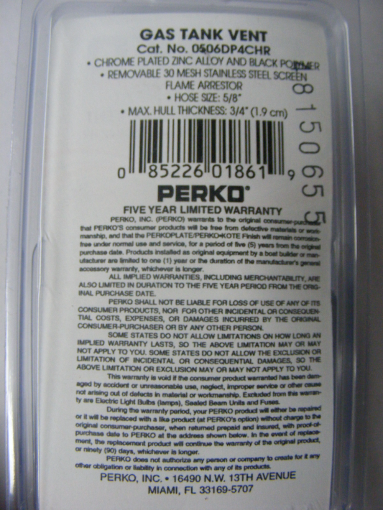 Perko Straight Fuel Tank Vent 5/8" 0506 DP4 CHR Hose Chrome Marine MD ...