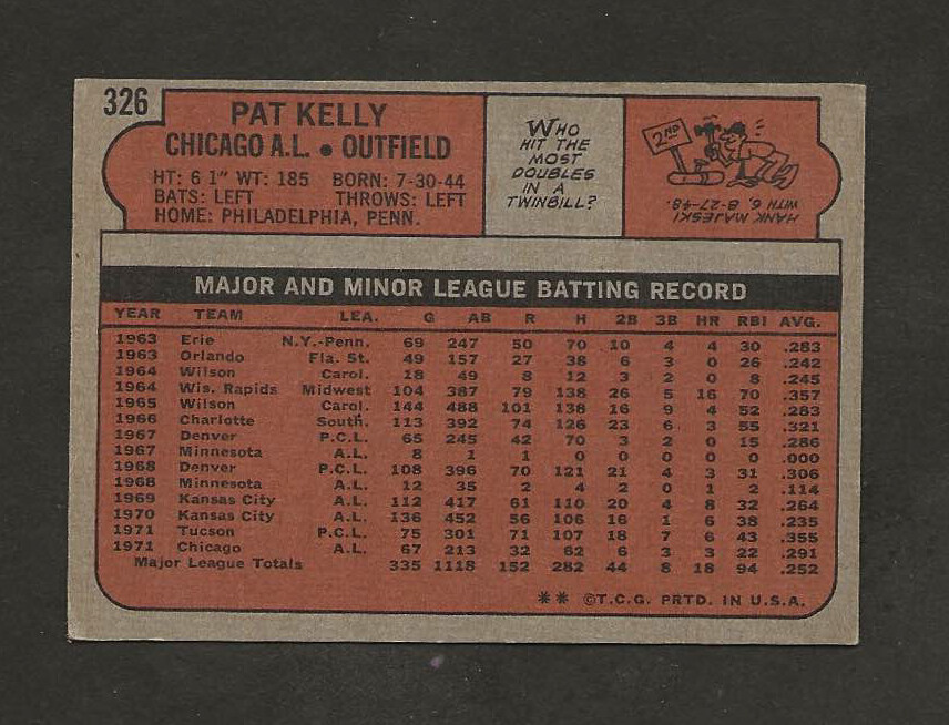 1972 TOPPS BASEBALL CARD # 326 PAT KELLY Chicago White Sox ex | eBay
