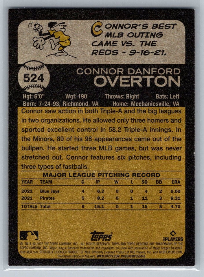 2022 Topps Heritage Baseball #524 Connor Overton RC Cincinnati Reds | eBay