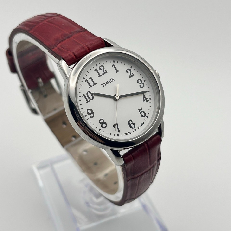Timex Silver Tone Red Leather Band Indiglo Women’s Watch Working New ...