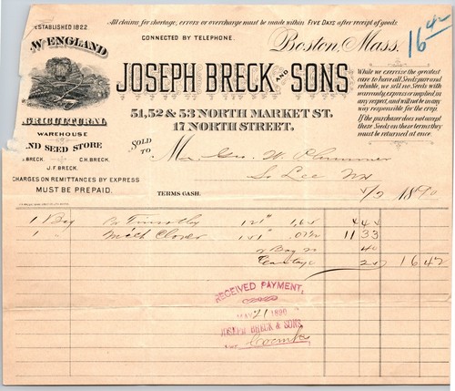 Joseph Breck and Sons Agricultural / Seed Store Boston 1890 Billhead ...