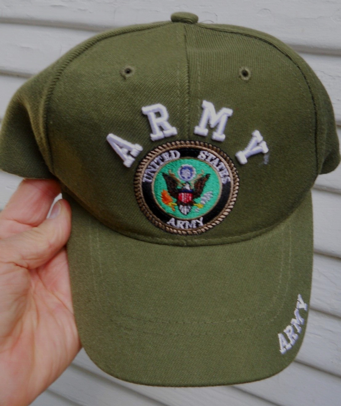 VINTAGE U S ARMY BOG GREEN EMBROIDERED VEL BACK OSFA… - Gem