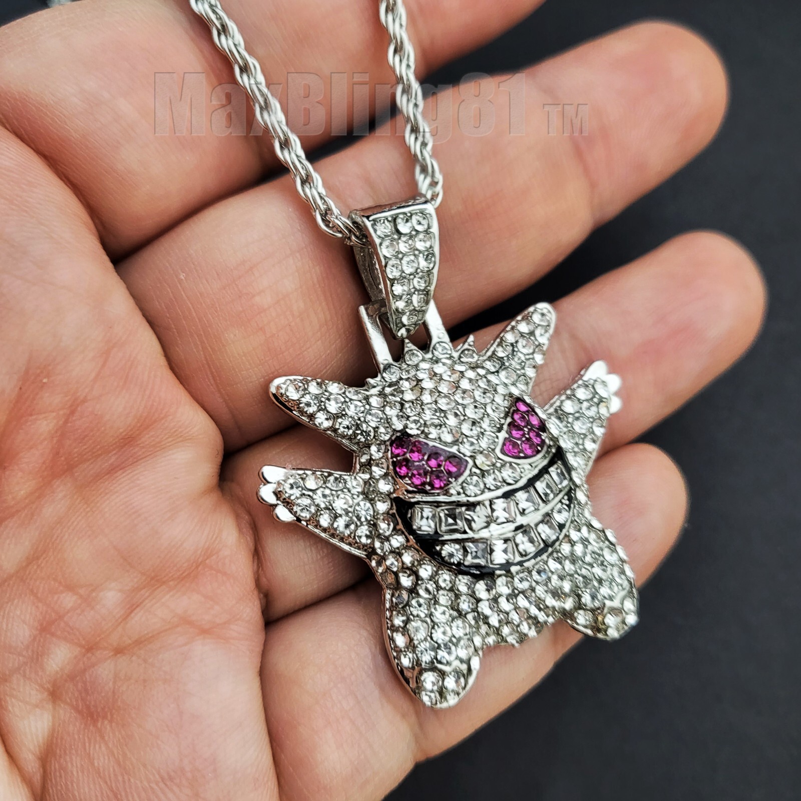 Hip Hop Iced Cubic Zirconia Bling Gengar Pendant & 3mm 24" Rope Chain ...