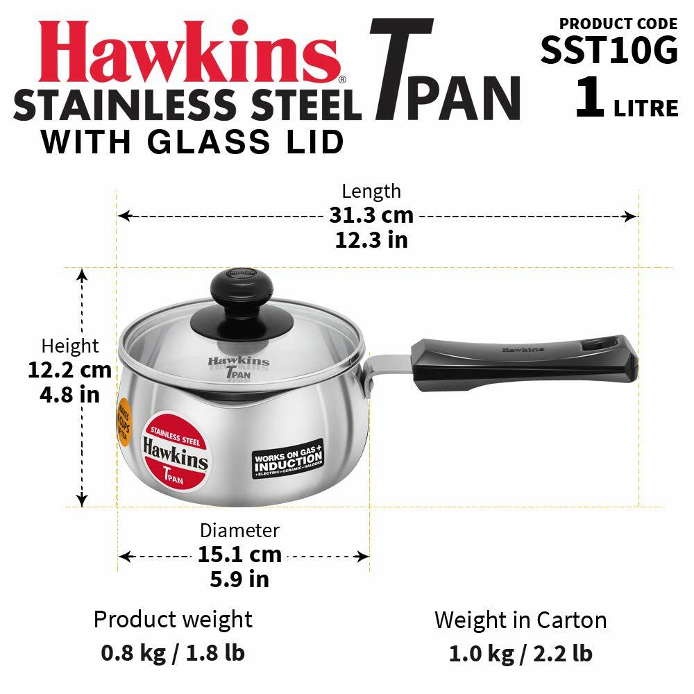 Hawkins Stainless Steel Tpan 1 Liter with Glass Lid, Tea Pan, Induction ...
