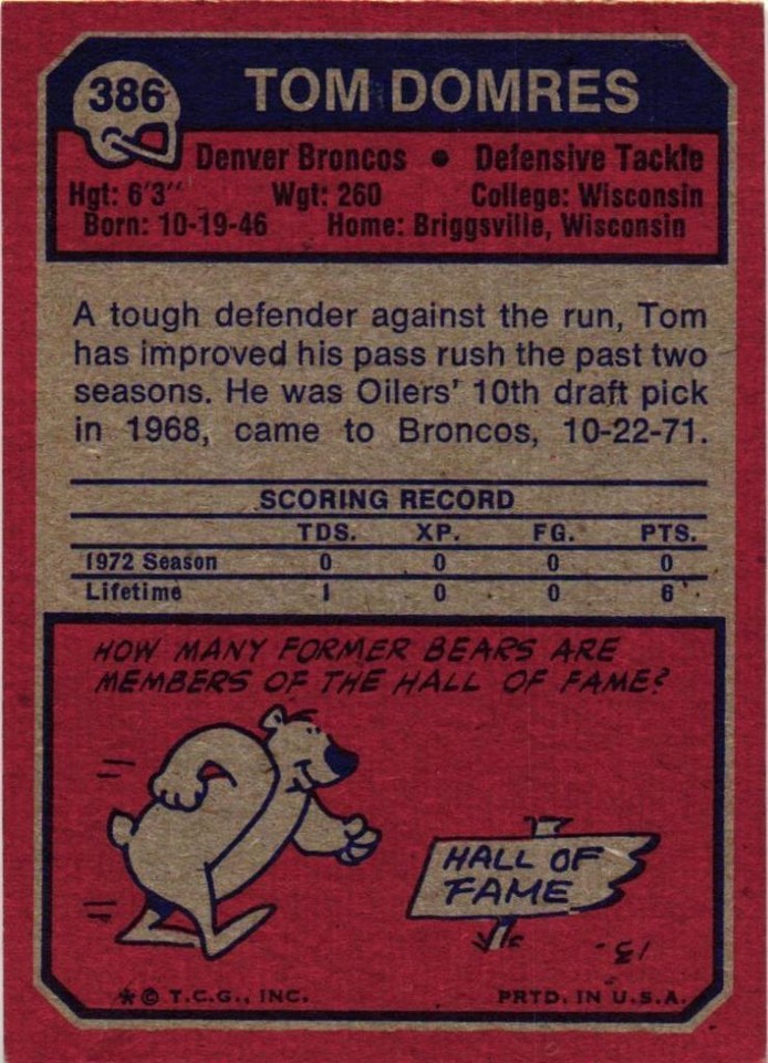 TOM DOMRES 1973 Topps FB #386 FREE SHIP 50% OFF B1001R2S26P8 | eBay