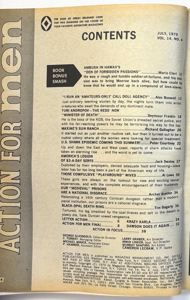 ACTION FOR MEN (Jul 1970) MARIO PUZO Uschi Digard Vintage MAM Pulp GGA ...