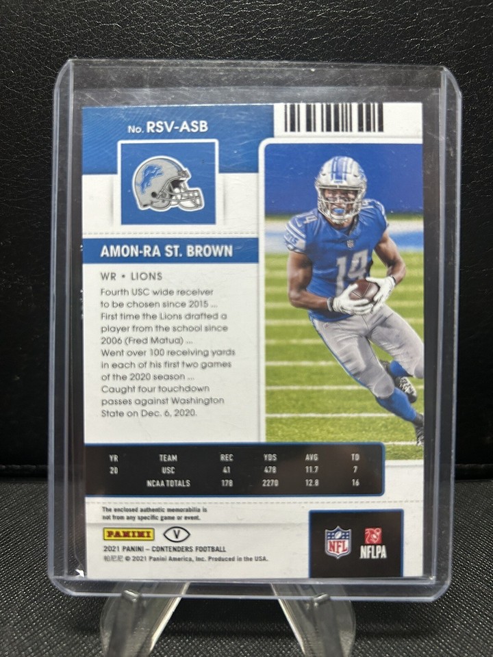 2021 Contenders Amon-Ra St. Brown Rookie Ticket Patch Green Lions RC # ...