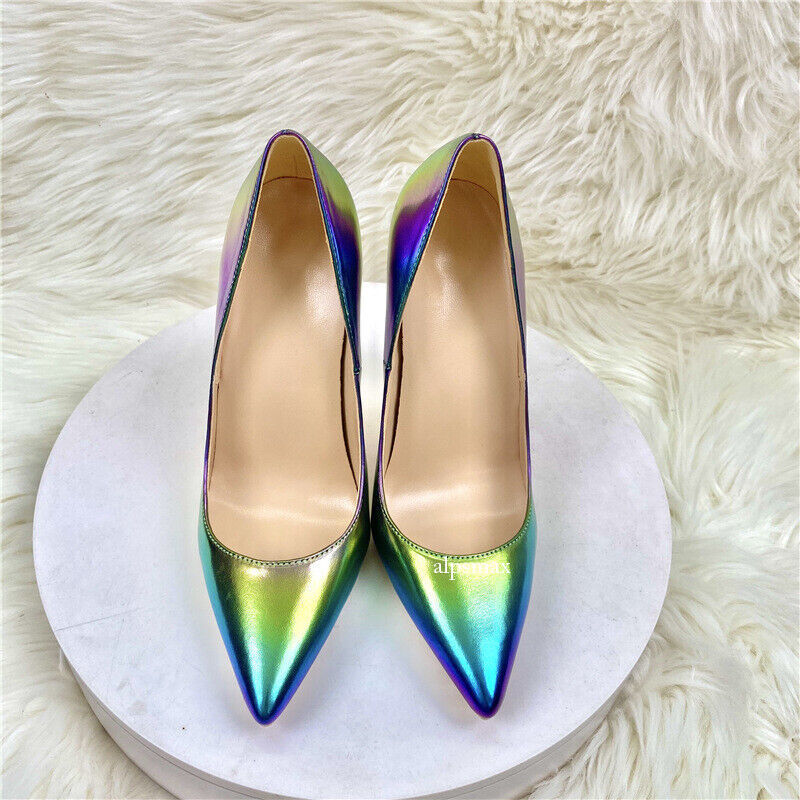 Women High Heels Patent Leather Slip On Pointed Toe Gradient Color Pump ...