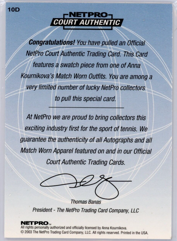 2003 NETPRO INTERNATIONAL SERIES ANNA KOURNIKOVA MATCH WORN DUAL ...