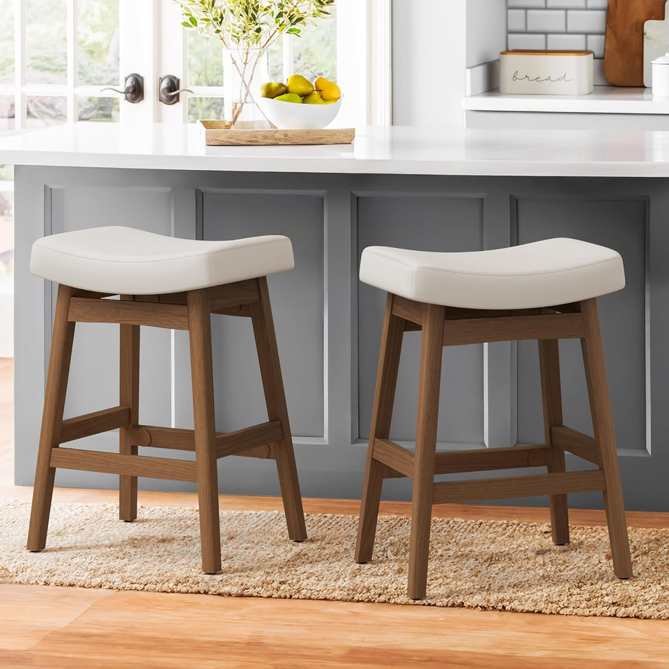 Bar Stools Set of 3, Barstools with Sturdy Wood Legs, Saddle Seat ...