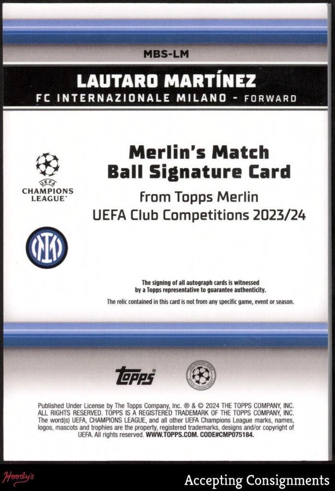 2023-24 Merlin UEFA Match Ball Signatures Lautaro Martinez BALL RELIC ...