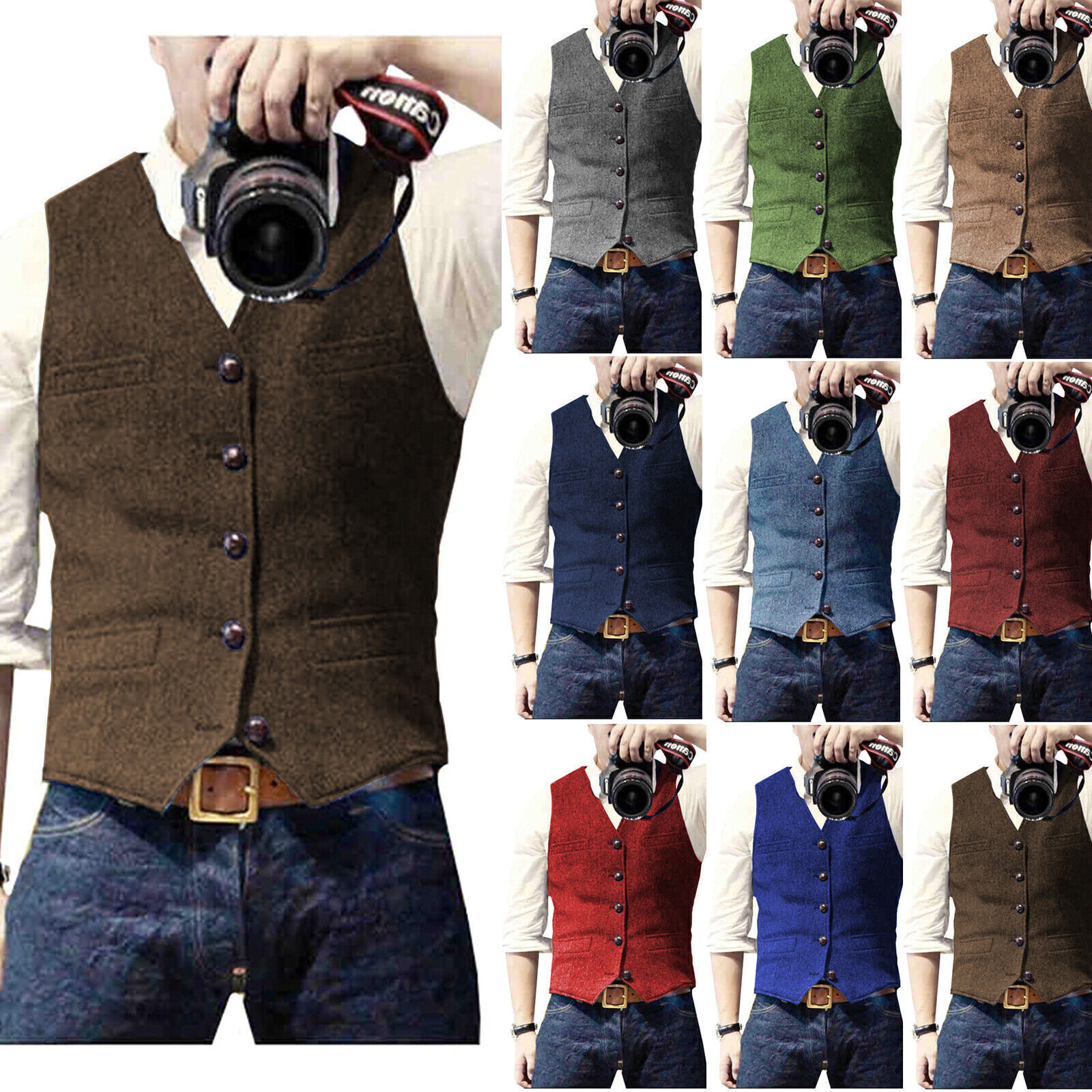 Mens Vest Herringbone Tweed Waistcoat Vintage Formal Notch Lapel Retro ...