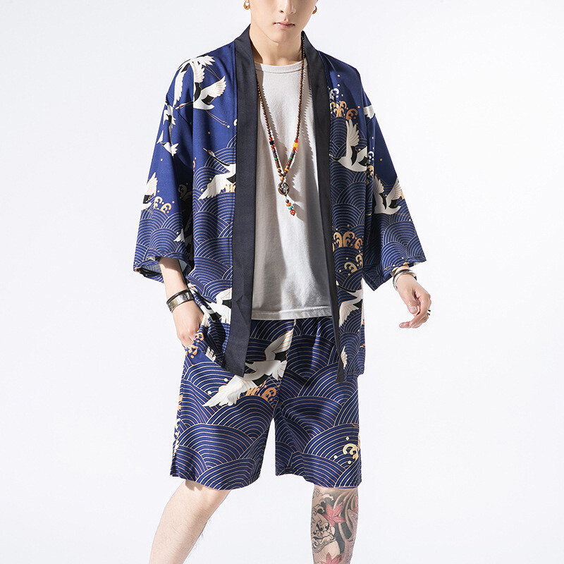 Men Kimono and Shorts Set 3/4 Sleeve Yukata Shirt Tops Half Pants ...