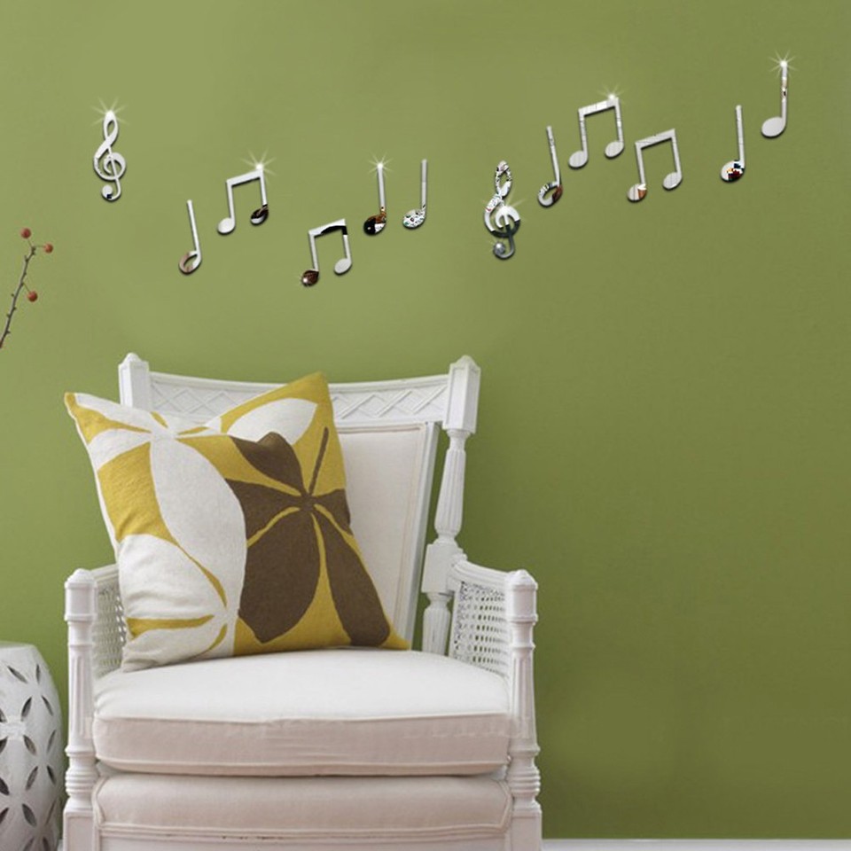 Music Note Pattern Acrylic Mirror Surface Wall Sticker for Home Bedroom ...