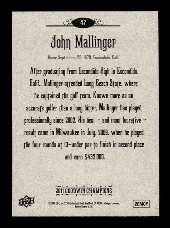 JOHN MALLINGER SIGNED 2011 UPPER DECK GOODWIN CHAMPIONS #47 ON-CARD ...