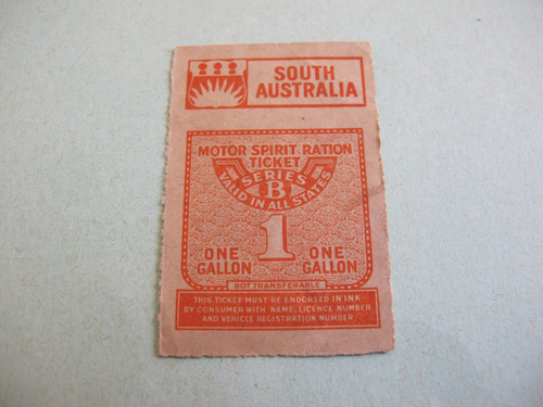 South Australia WW2 Motor Spirit Ration Ticket Series B One Gallon ...