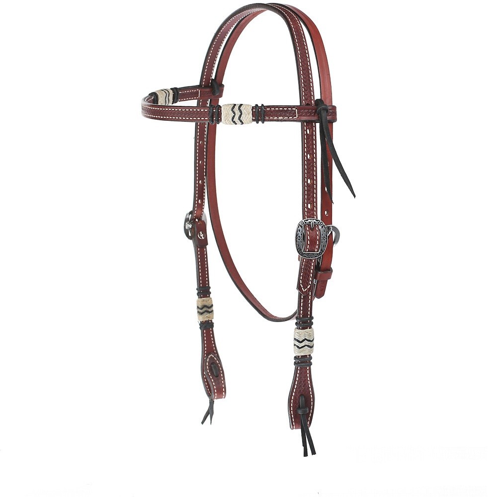 Western Brown Leather Hand Tooled Browband Style Headstall with Rawhide ...