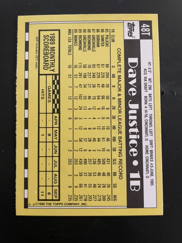 1990 Topps Traded David Justice Rookie Baseball Card 48T | eBay