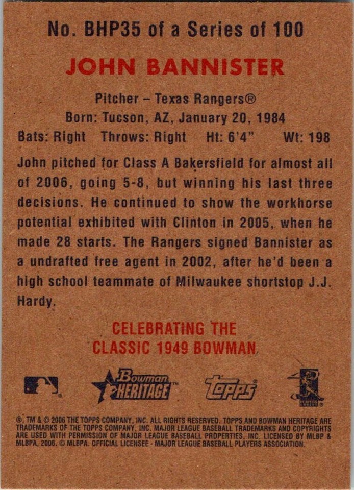 2007 Bowman Heritage Prospects John Bannister #BHP35 Texas Rangers ...