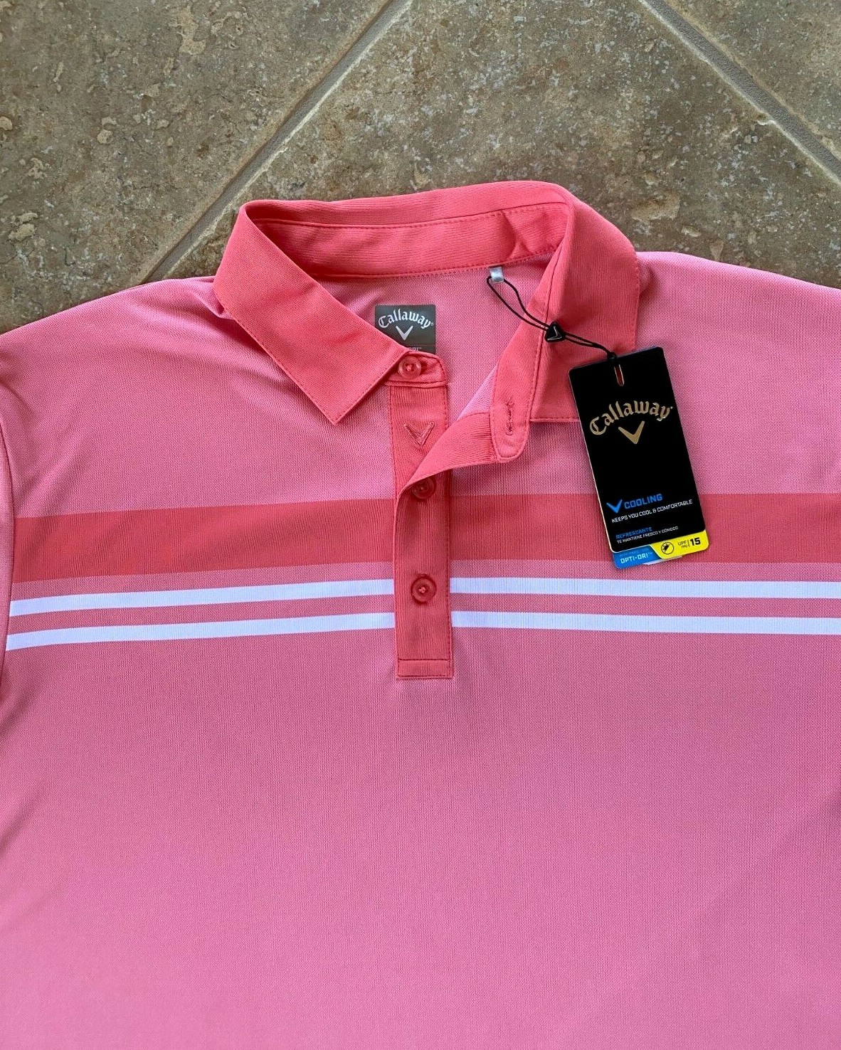 Callaway Opti-Dri Golf Shirt Mens M Sunkist Coral Stripe UPF 15 Stretch ...