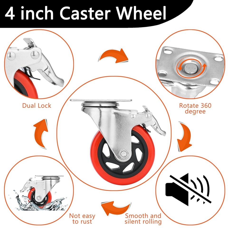 4 Inch Heavy Duty Polyurethane Castors, Safety Dual Locking Plate ...