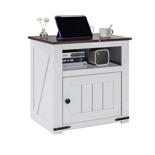 Farmhouse End Table Square Night Stand with USB Ports and Outlets White ...