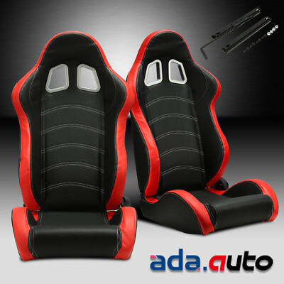 2xFull Reclinable Black PVC Main Red Side Racing Seats+Single Adjustor ...