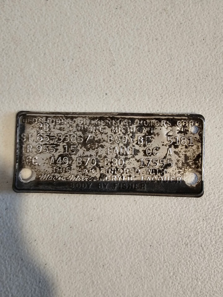 1965 Cutlass Supreme 2 Door Hard Top Cowl Data Tag Body Firewall White ...