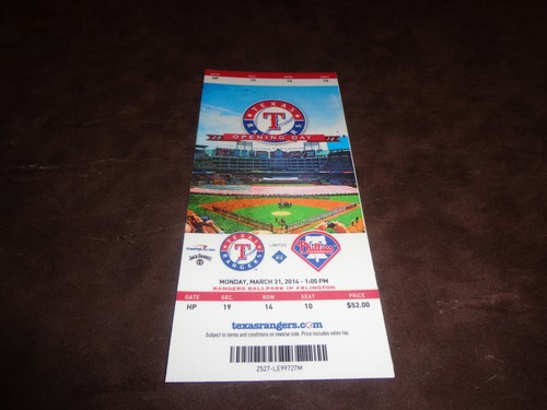 TEXAS RANGERS TICKET STUB VS PHILLIES 3/31/14~Jimmy Rollins HR # 200 ...