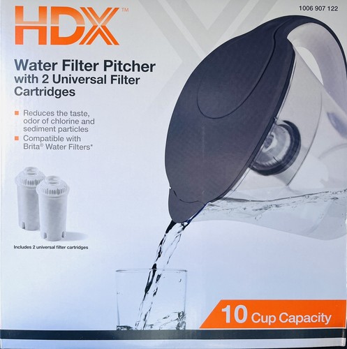 HDX 10-Cup Water Filter Pitcher with 2 Universal Filter Cartridges BPA ...
