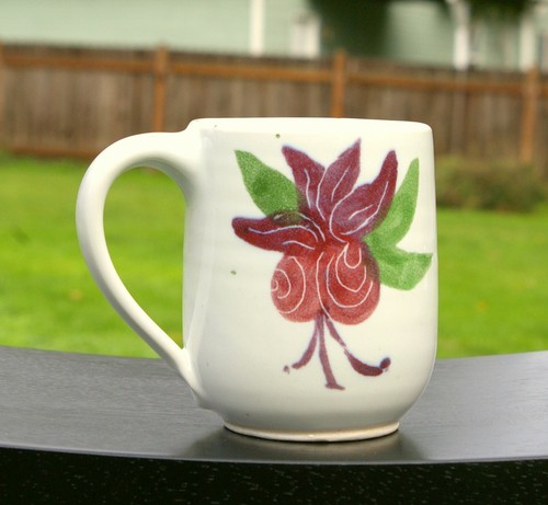 White Glazed Fuchsia Flower Pottery Coffee Mug 4" Tall Floral Signed by ...