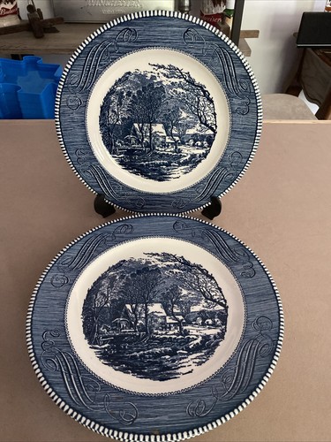 Set Of 4 Vintage Currier and Ives "The Old Grist Mill" Blue Dinner ...