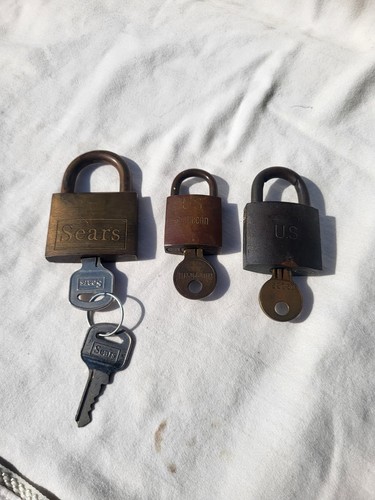 Vintage American US Brass Padlocks Matching Keys Sears Junkunc Bros Key ...