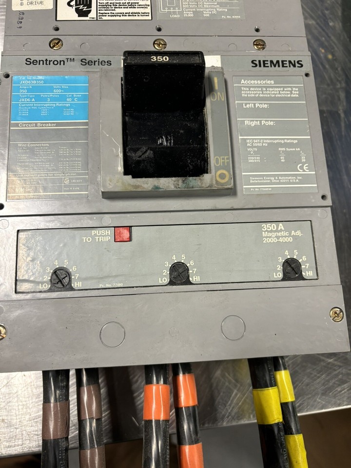 SIEMENS JXD63B350 350 AMP Sentron Series Circuit Breaker 600V 3 Pole ...