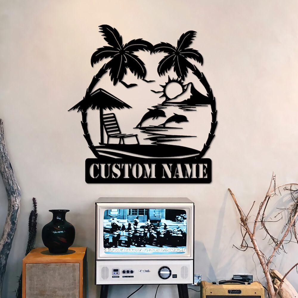 Personalized Beach Metal Signs, Dolphin n Palm Tree Sign Poolside Wall ...
