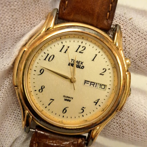 TIMEX Men's Wrist Watch INDIGLO LIGHT-UP GLOW Day/Date Gold Tone WR30M ...