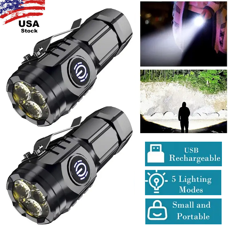 2Pcs Super Bright LED Mini Flashlight USB Rechargeable Pocket Keychain ...