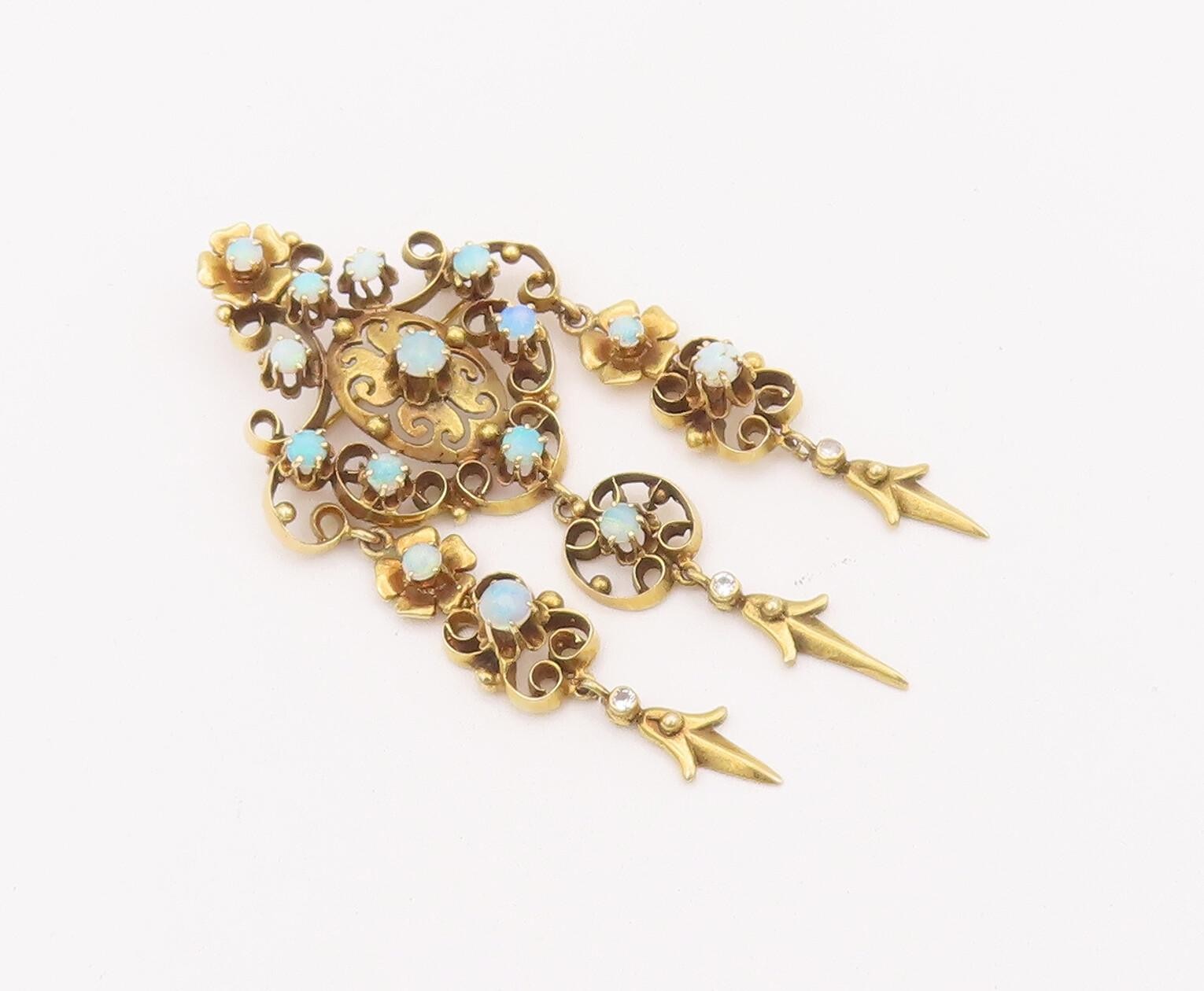 14K GOLD Vintage Brooch Pin Victorian Solid Floral Cutout Fire Opal ...