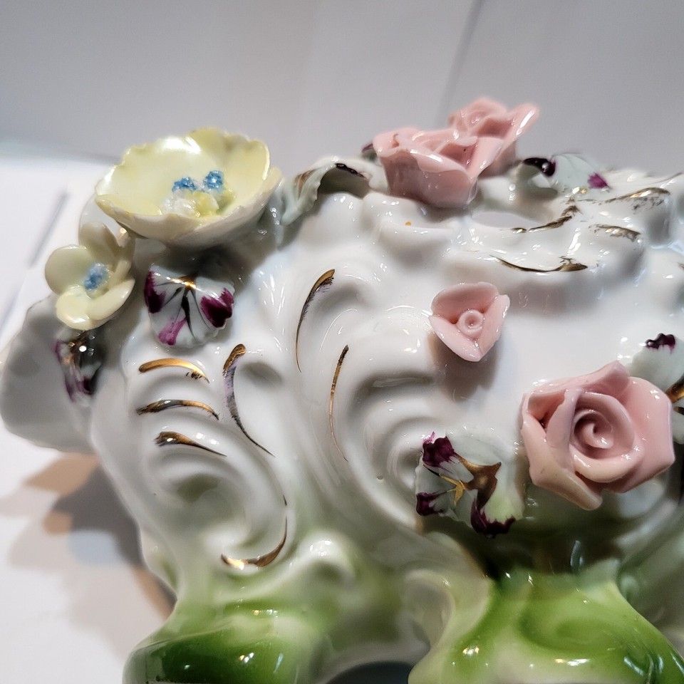 Vintage Porcelain Angel/Cherub Planter, Pink And Yellow Flowers Gold ...