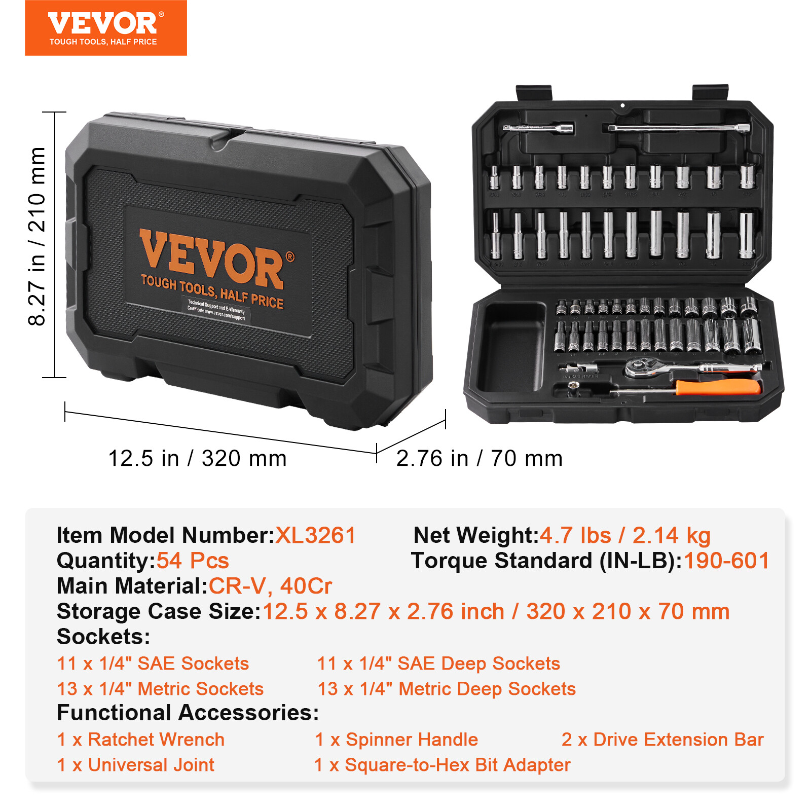 VEVOR Socket Set 1/4 Inch Drive Socket and Ratchet Set 6-Point 54 Pcs ...