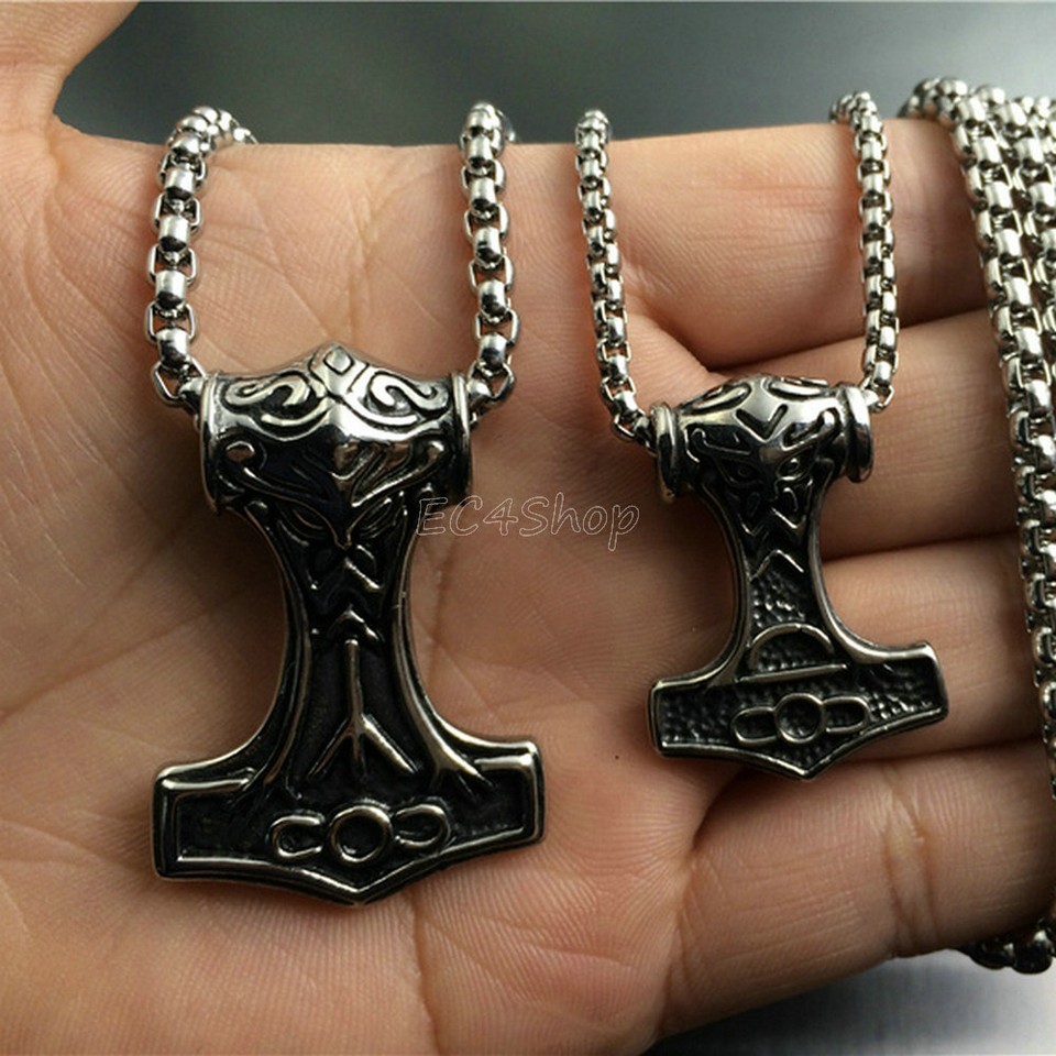 Men Retro Mjolnir Viking Thor's Hammer Stainless Steel Pendant Chain ...