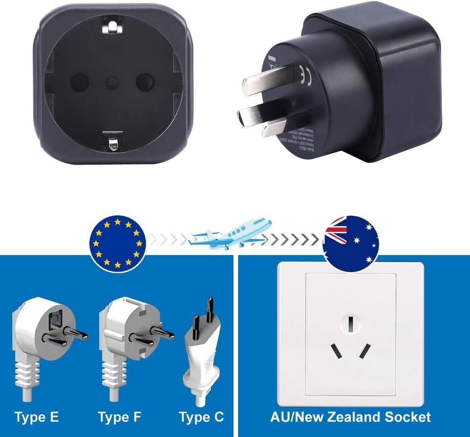Europe to Australia/New Zealand Plug Adapter, EU Schuko Type C/E/F Plug ...