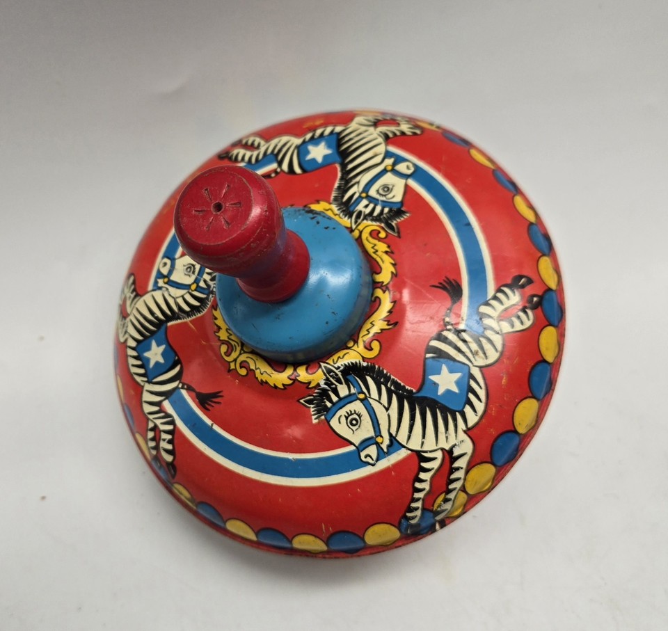 Vtg 1940-50s Ohio Art Co Zebra Tin Litho Spinning Toy Top Red Wood ...