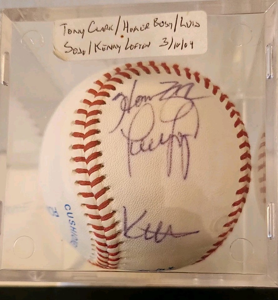 4 Yankees on Autographed Ball K Lofton #29, T Clark, H Bush, Luis Sosa ...